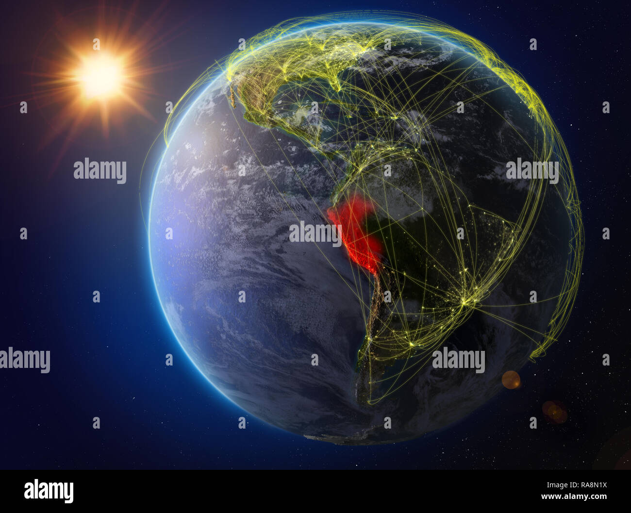 Peru from space. Planet Earth with network representing international ...