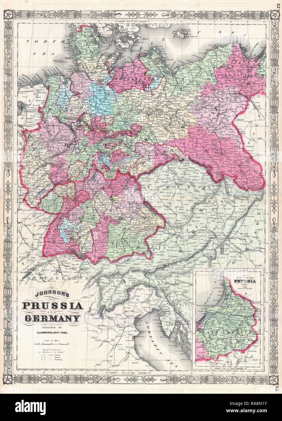 1866, Johnson Map of Prussia and Germany. Reimagined by Gibon. Classic ...