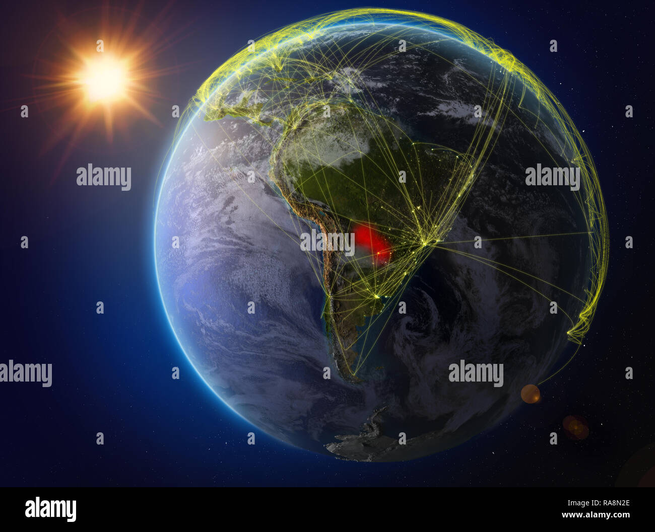 Paraguay from space. Planet Earth with network representing ...