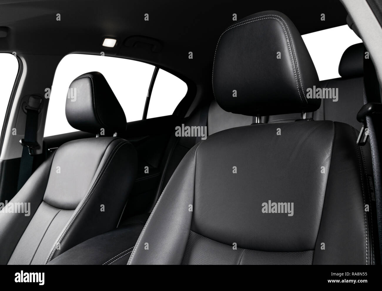 Modern luxury car black leather interior. Part of leather car seat ...