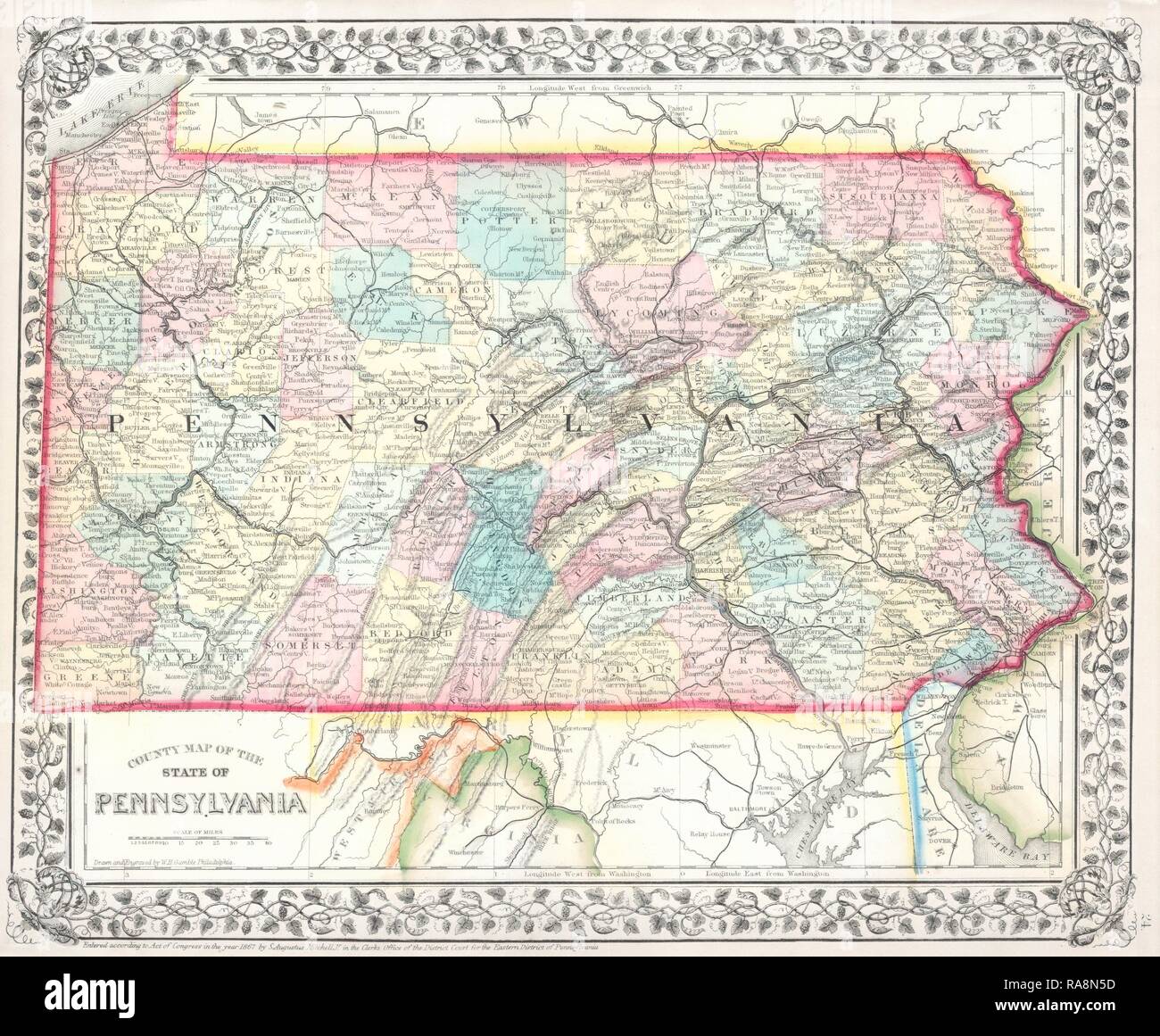 1867, Mitchell Map of Pennsylvania. Reimagined by Gibon. Classic art ...