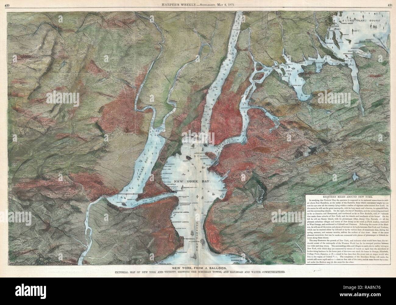 1871, Harpers Weekly View or Map of New York City from a Balloon ...