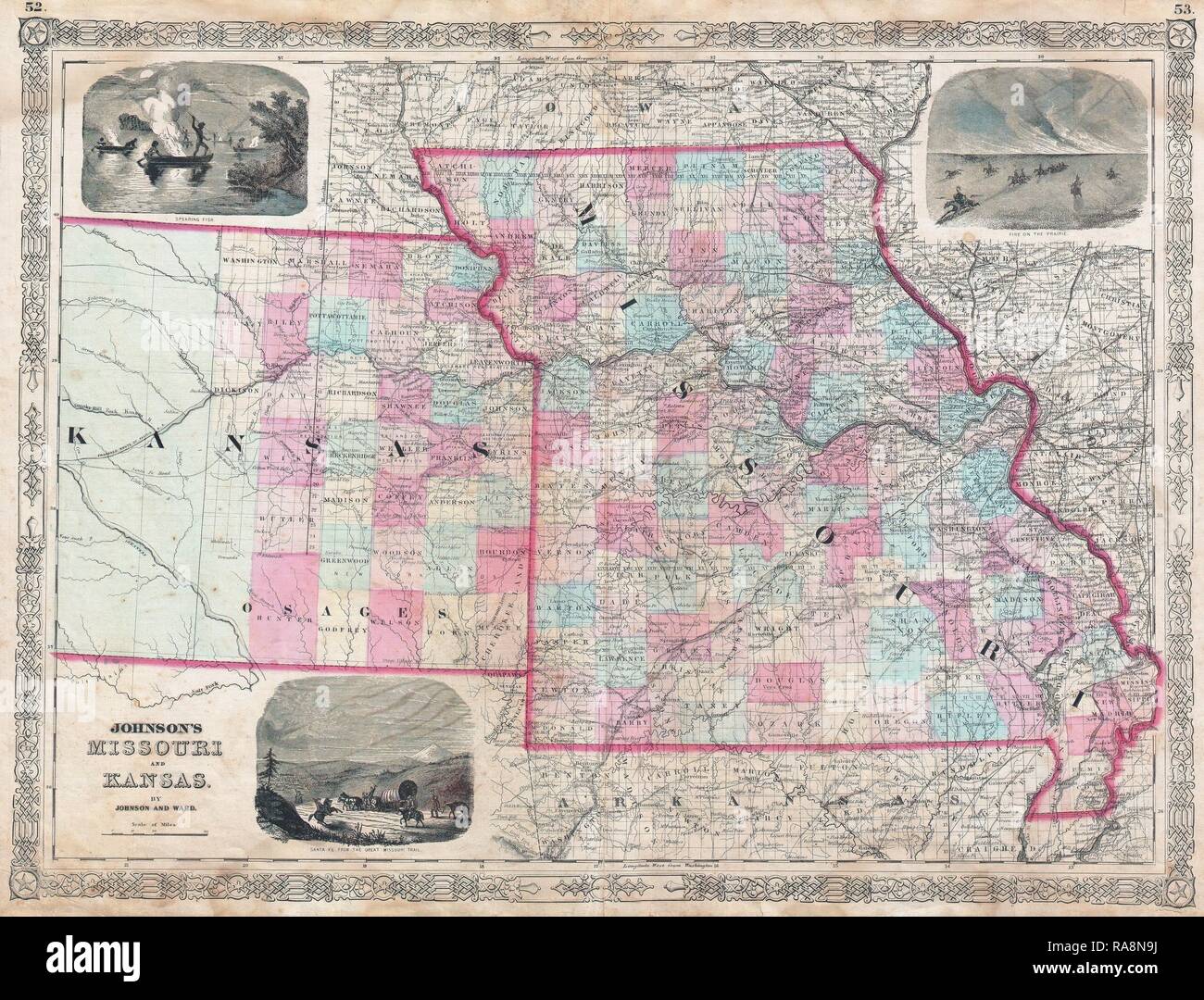 1874, Johnson Map of Missouri and Kansas. Reimagined by Gibon. Classic ...