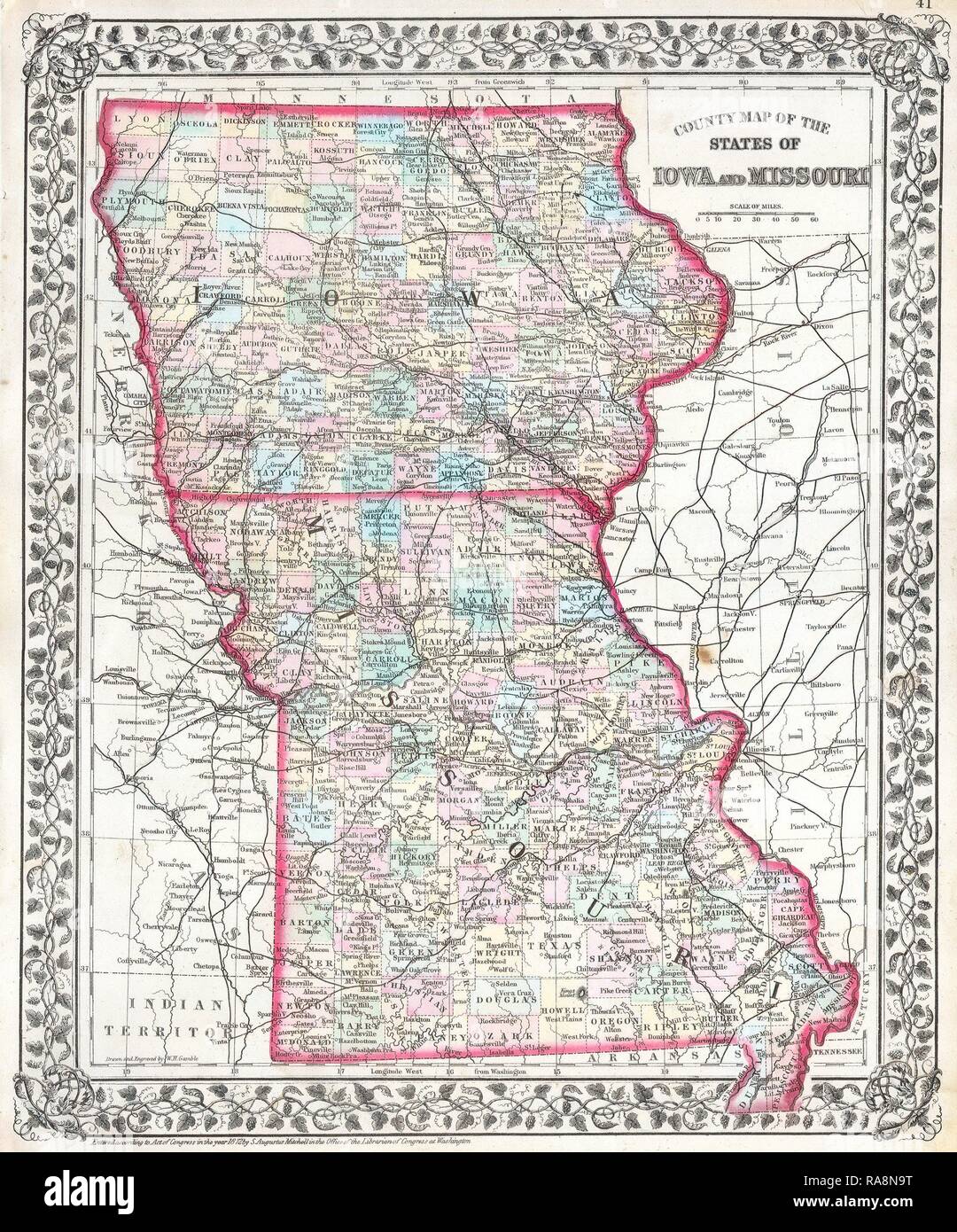 1874, Mitchell Map of Iowa and Missouri. Reimagined by Gibon. Classic ...