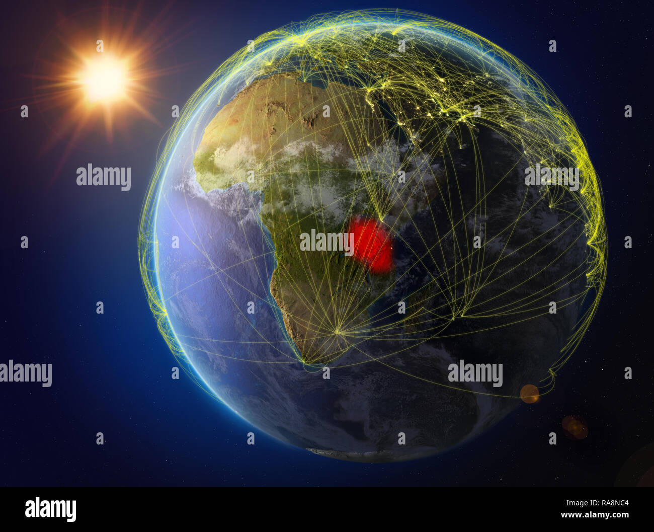 Tanzania from space. Planet Earth with network representing ...