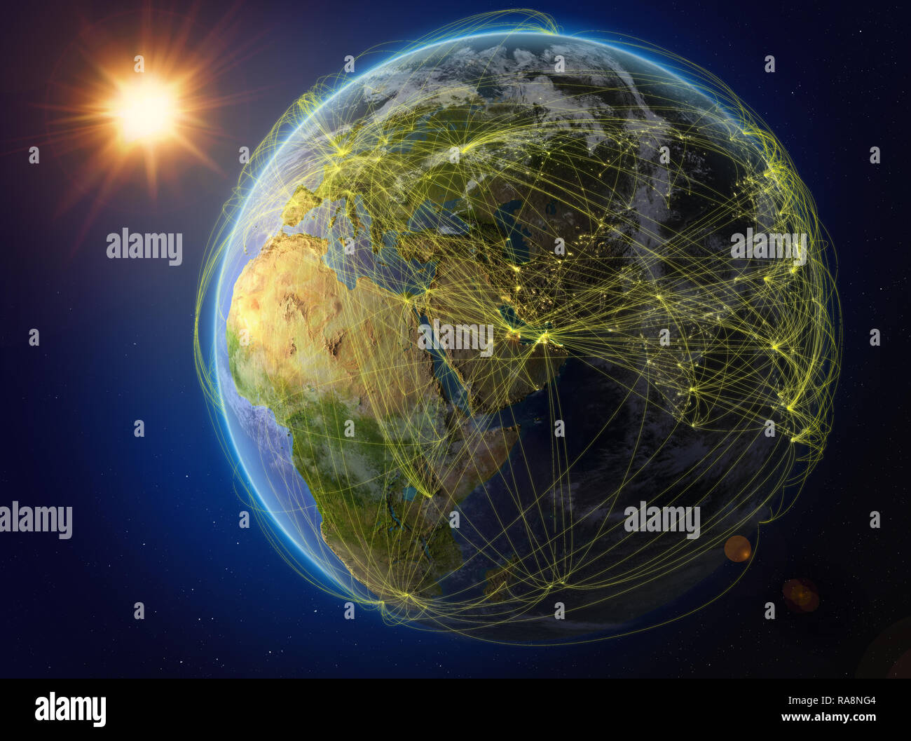 Qatar from space. Planet Earth with network representing international ...
