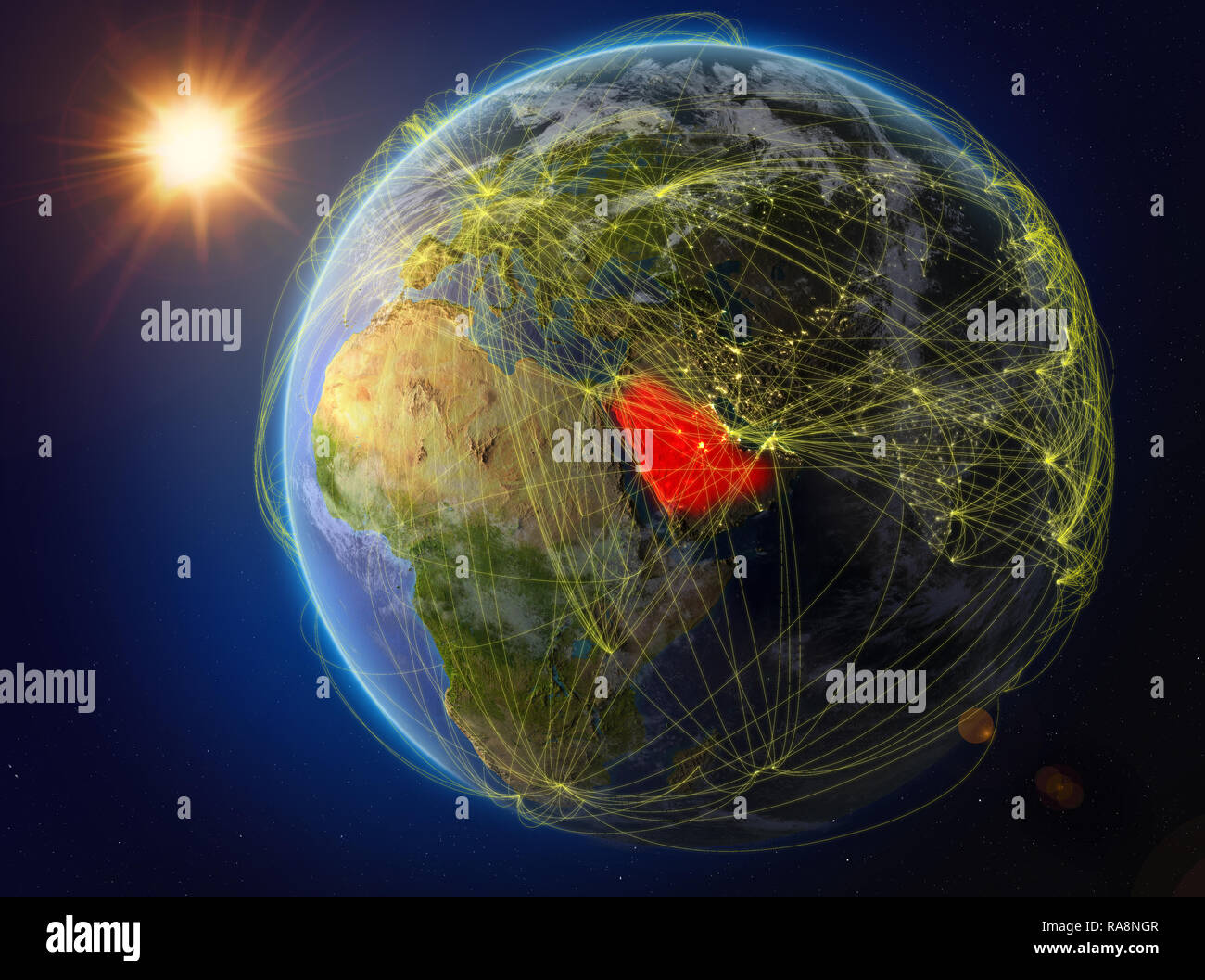 Saudi Arabia from space. Planet Earth with network representing ...