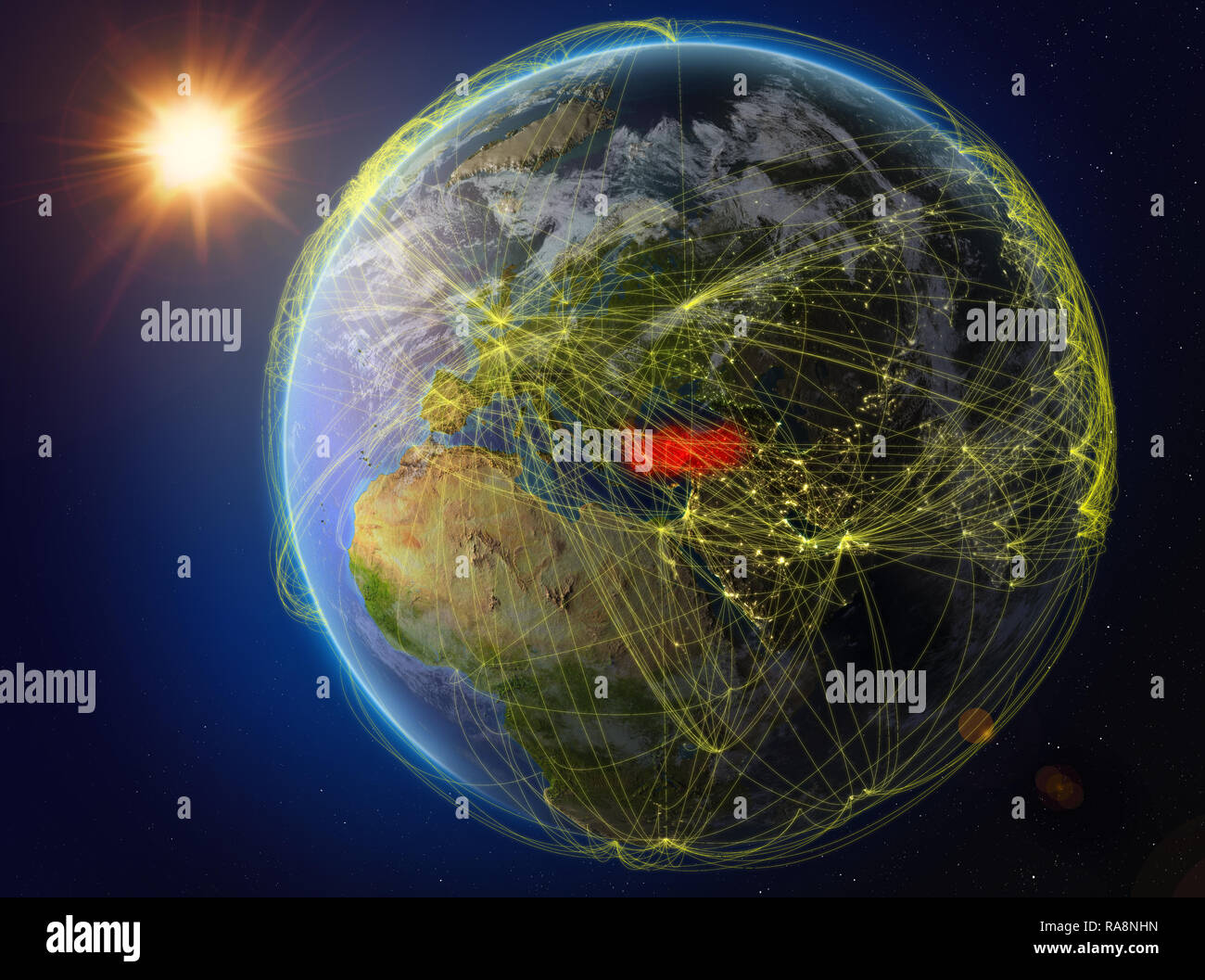 Turkey from space. Planet Earth with network representing international ...