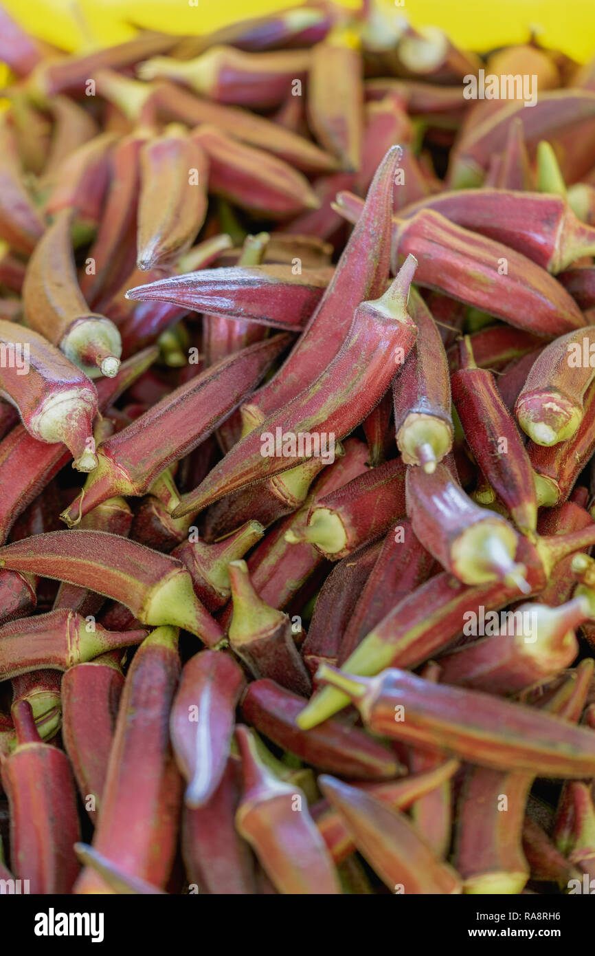 pile of red okra at the farm market Stock Photo - Alamy