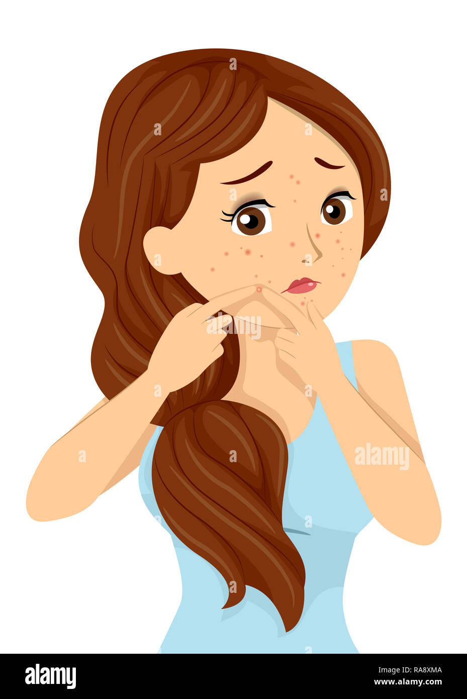 Illustration of a Teenage Girl Pricking One of the Pimples on Her Face ...