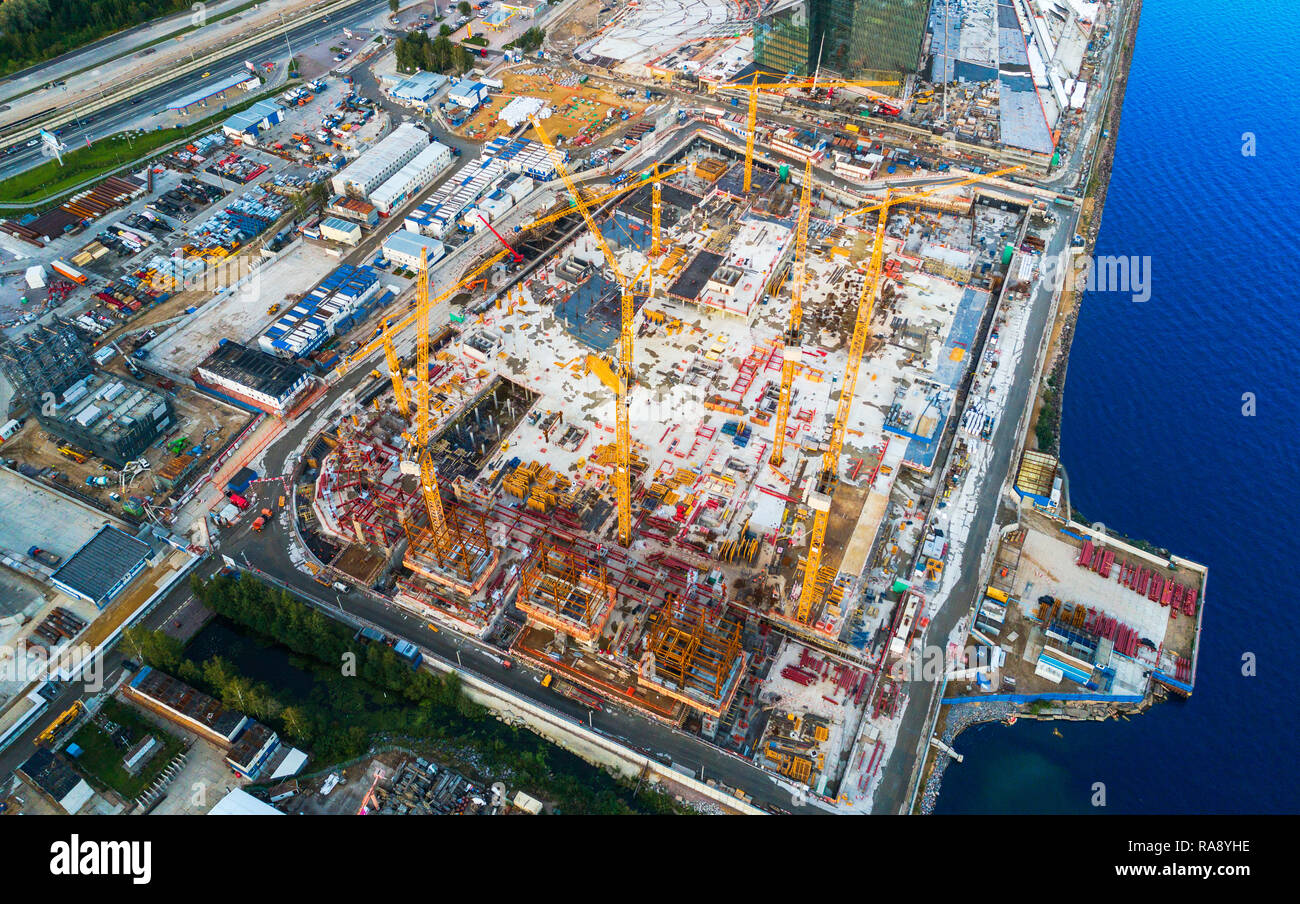 Aerial view of a Construction crane tower. Top view Crane and building ...