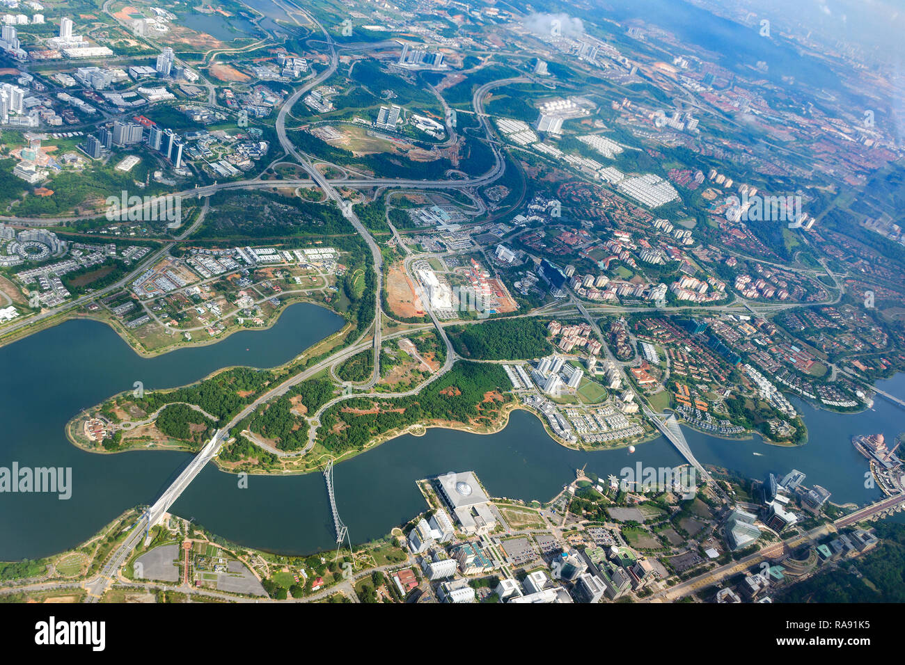 Overhead city view of Putrajaya - Putra lake, Seri Saujana Bridge ...