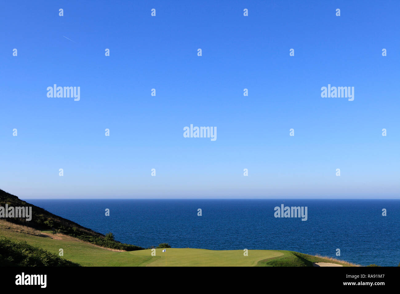 Pleneuf Val Andre Golf course, Bretagne, France, in the background, the ...