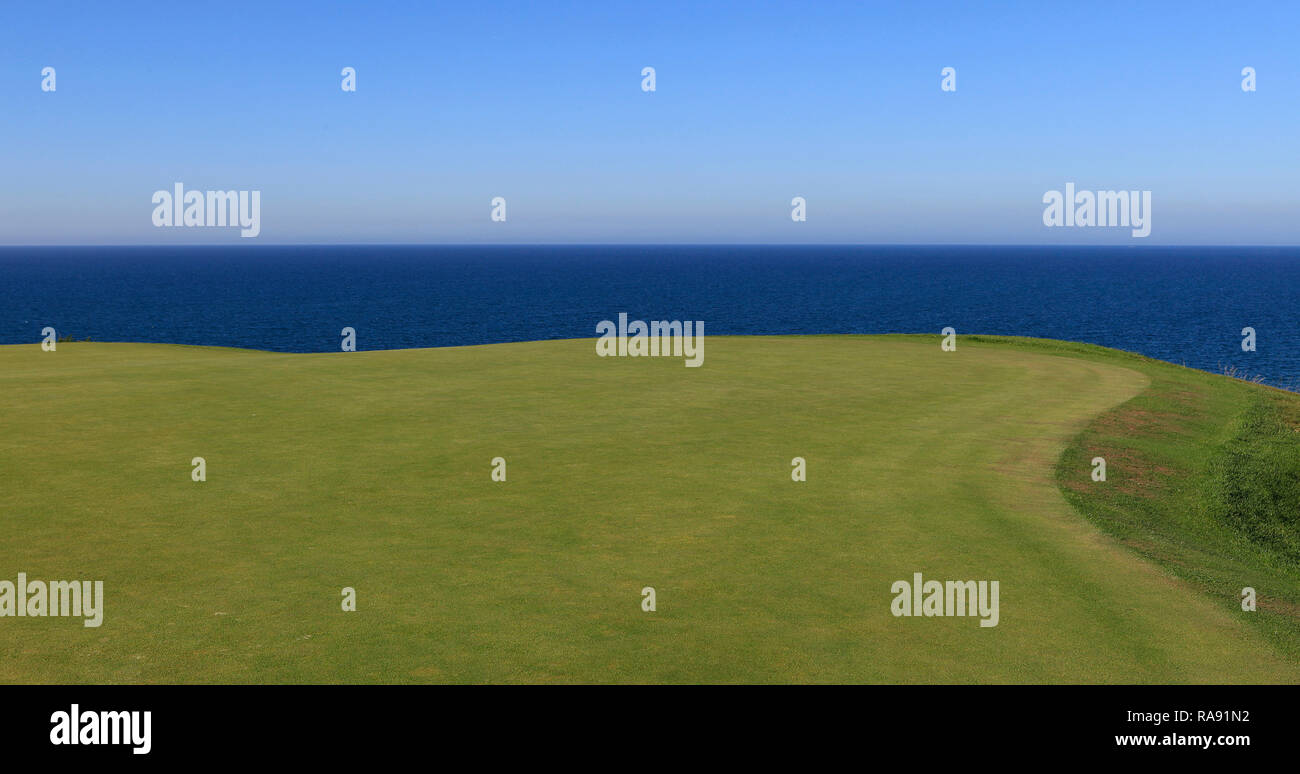 Pleneuf Val Andre Golf course, Bretagne, France, in the background, the ...