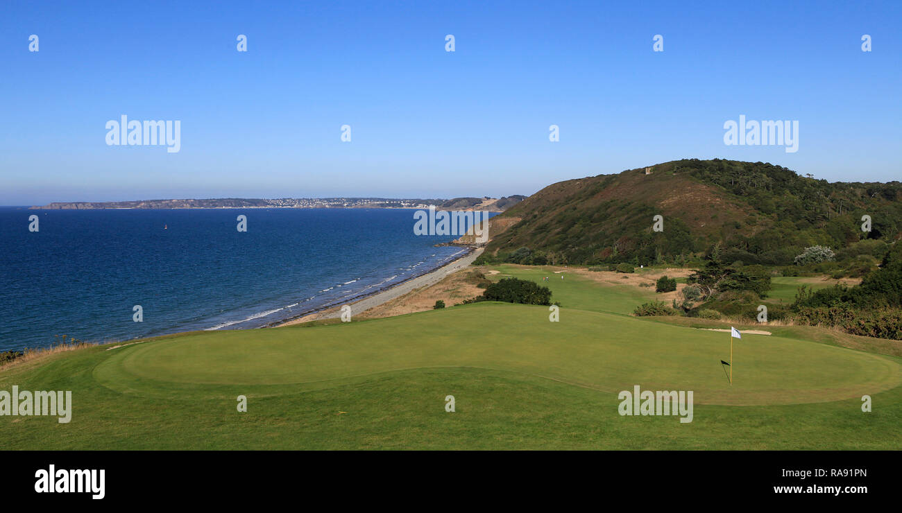 Pleneuf Val Andre Golf course, Bretagne, France, in the background, the ...