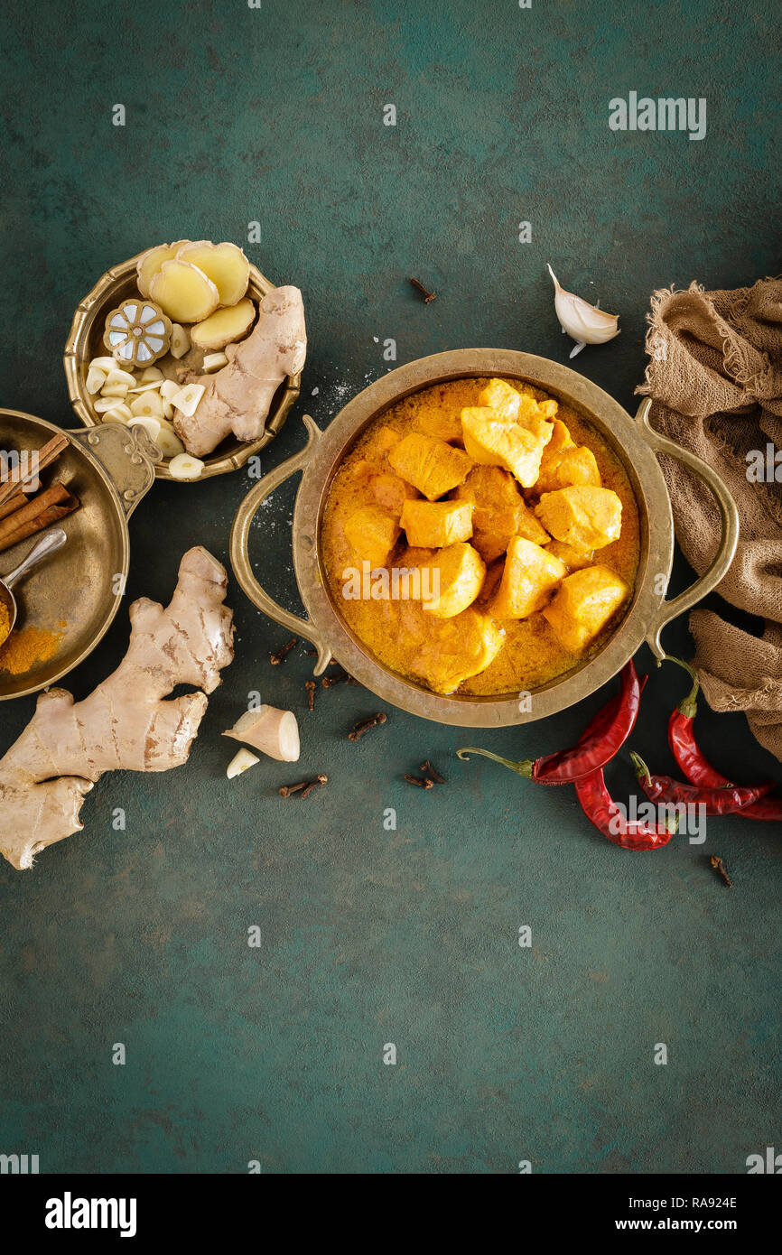 Chicken masala curry, spicy meat. Yellow chicken curry sauce. Spicy ...