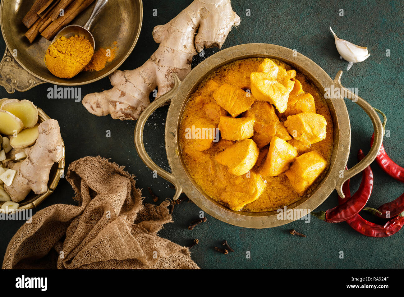 Chicken masala curry, spicy meat. Yellow chicken curry sauce. Spicy ...