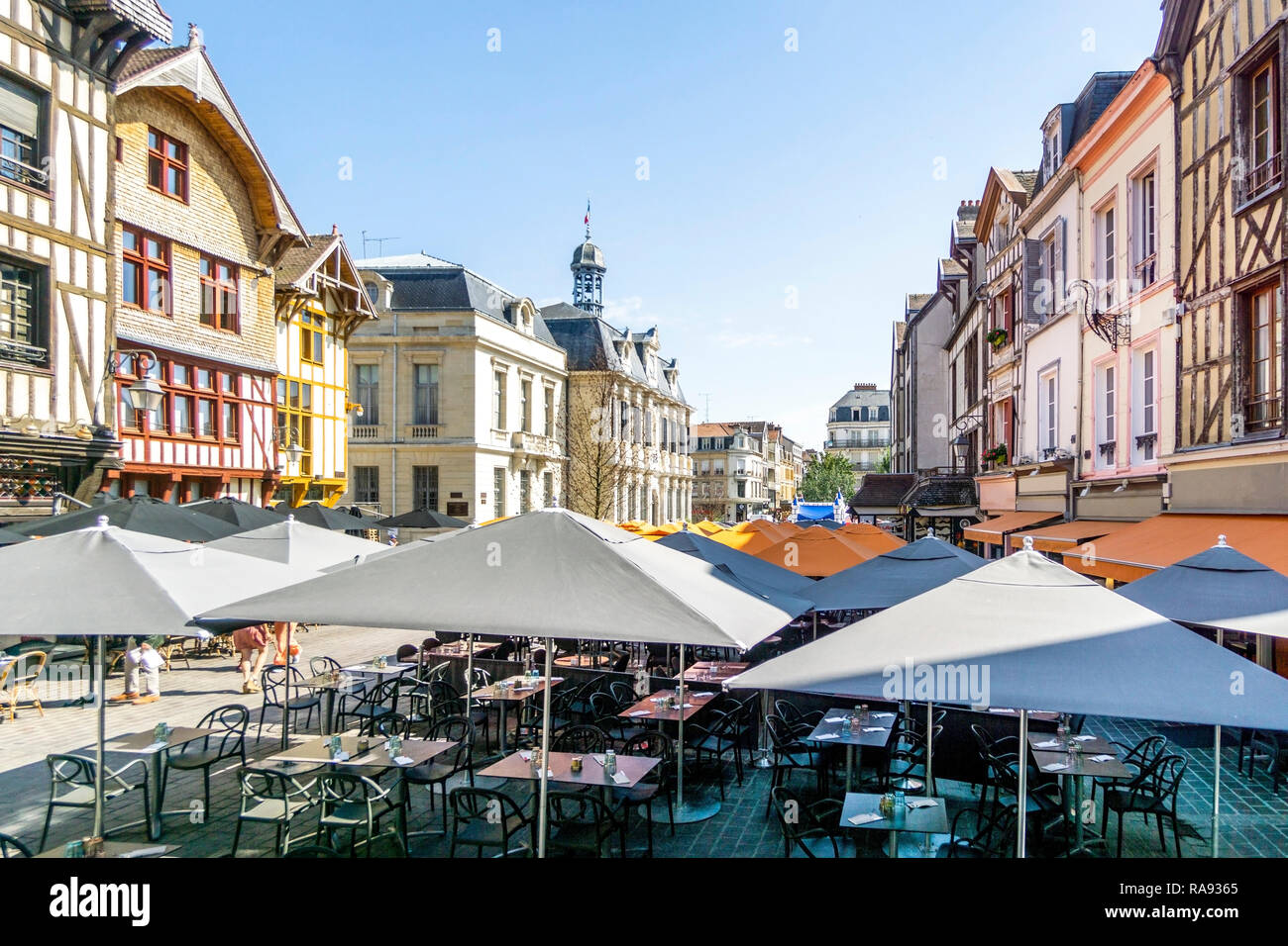 Half timbered medieval houses at market square in Troyes, Aube, France ...