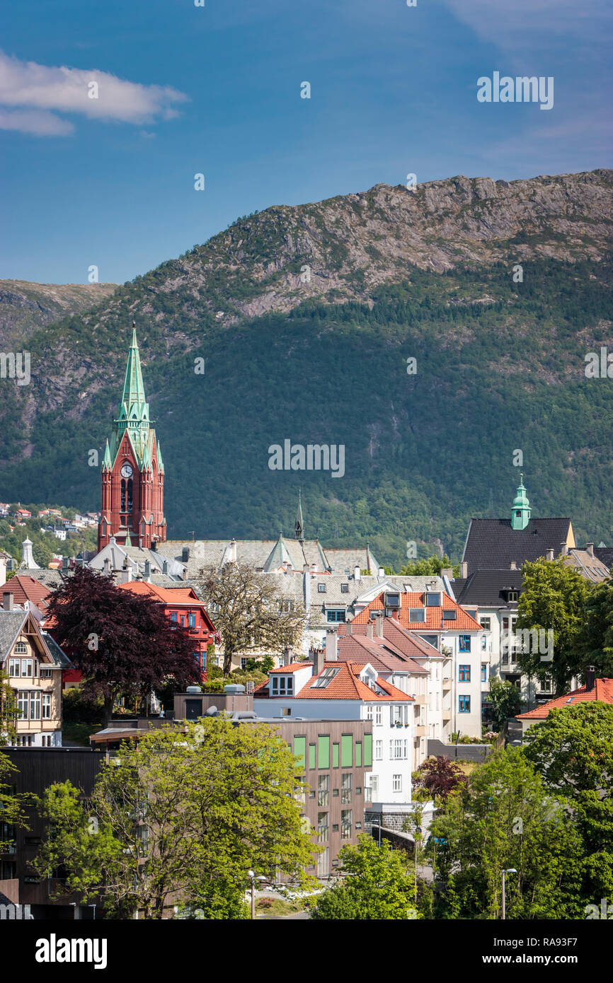 The buildings and landmarks of the port city of Bergen, Norway, Europe ...
