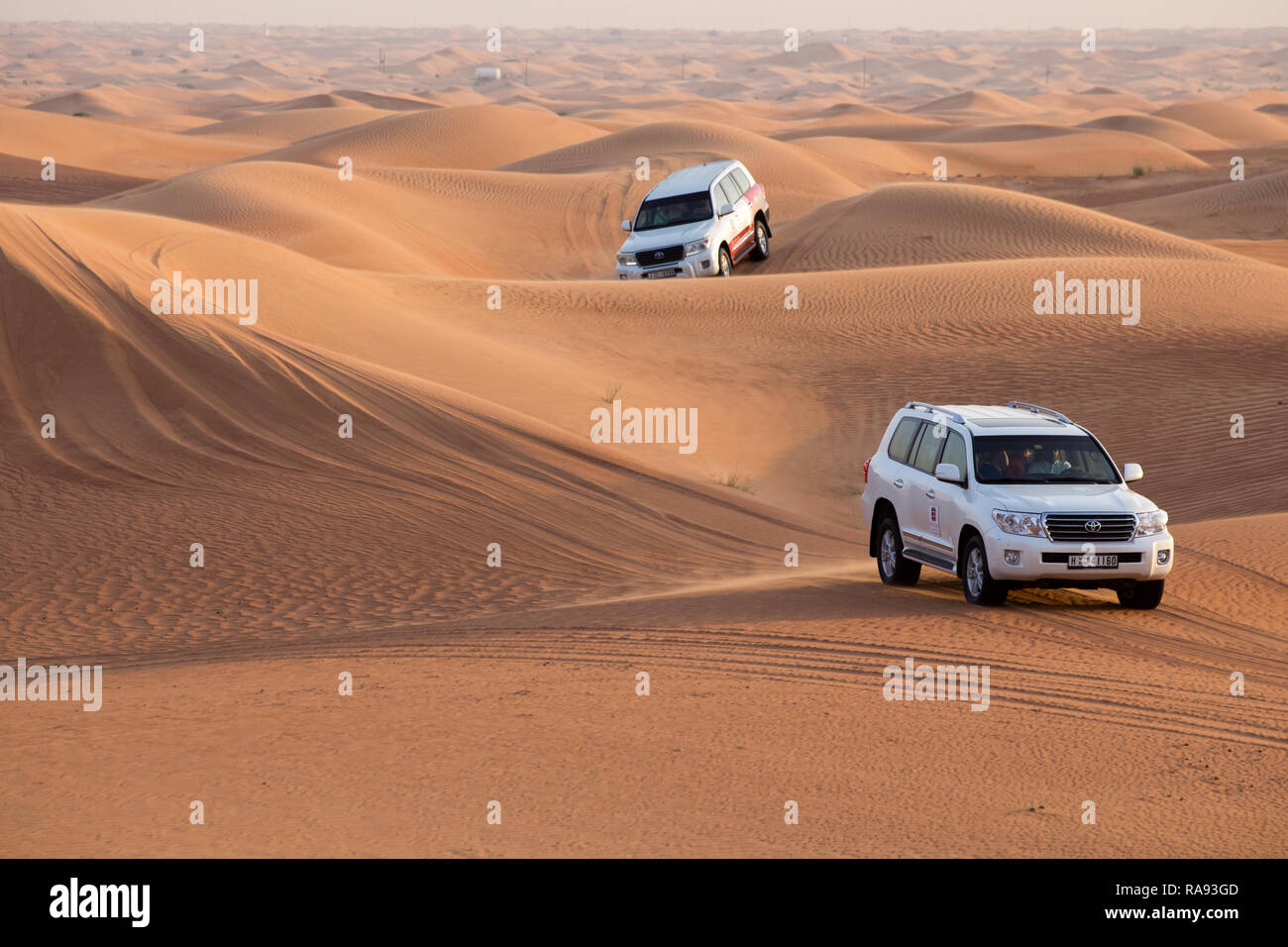 A Jeep safari in the desert dunes on the outskirts of Dubai in the ...