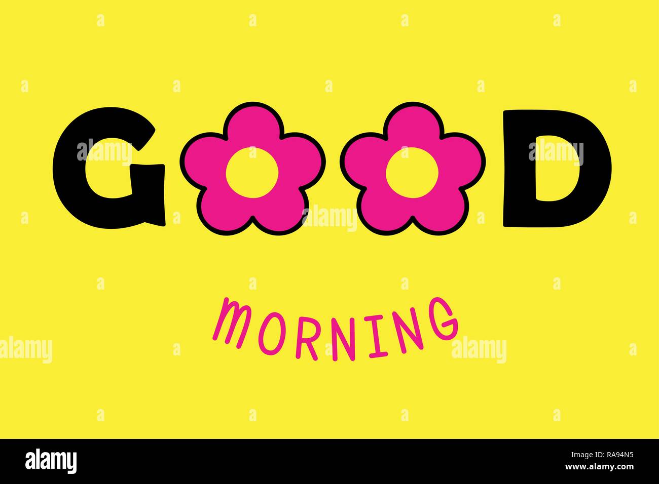good morning typography greeting card with pink flowers on yellow ...