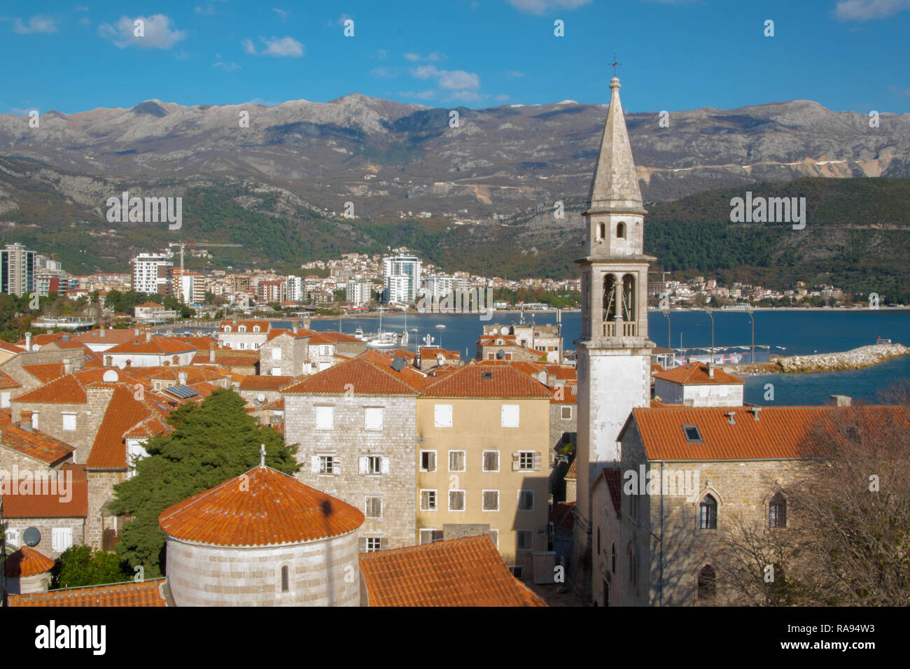 Landscape of of Mediterranean old town Budva, Montenegro. Ancient walls ...