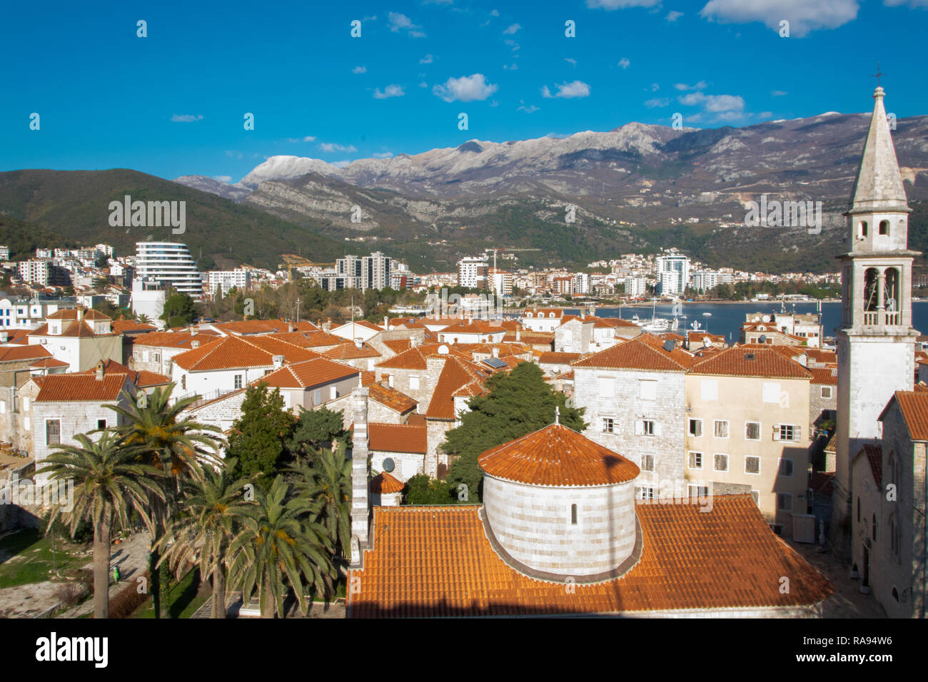 Landscape of of Mediterranean old town Budva, Montenegro. Ancient walls ...