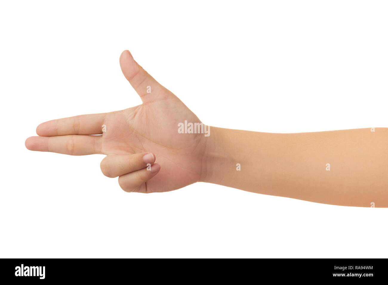 Human hand in shoot gun gesture isolate on white background with ...