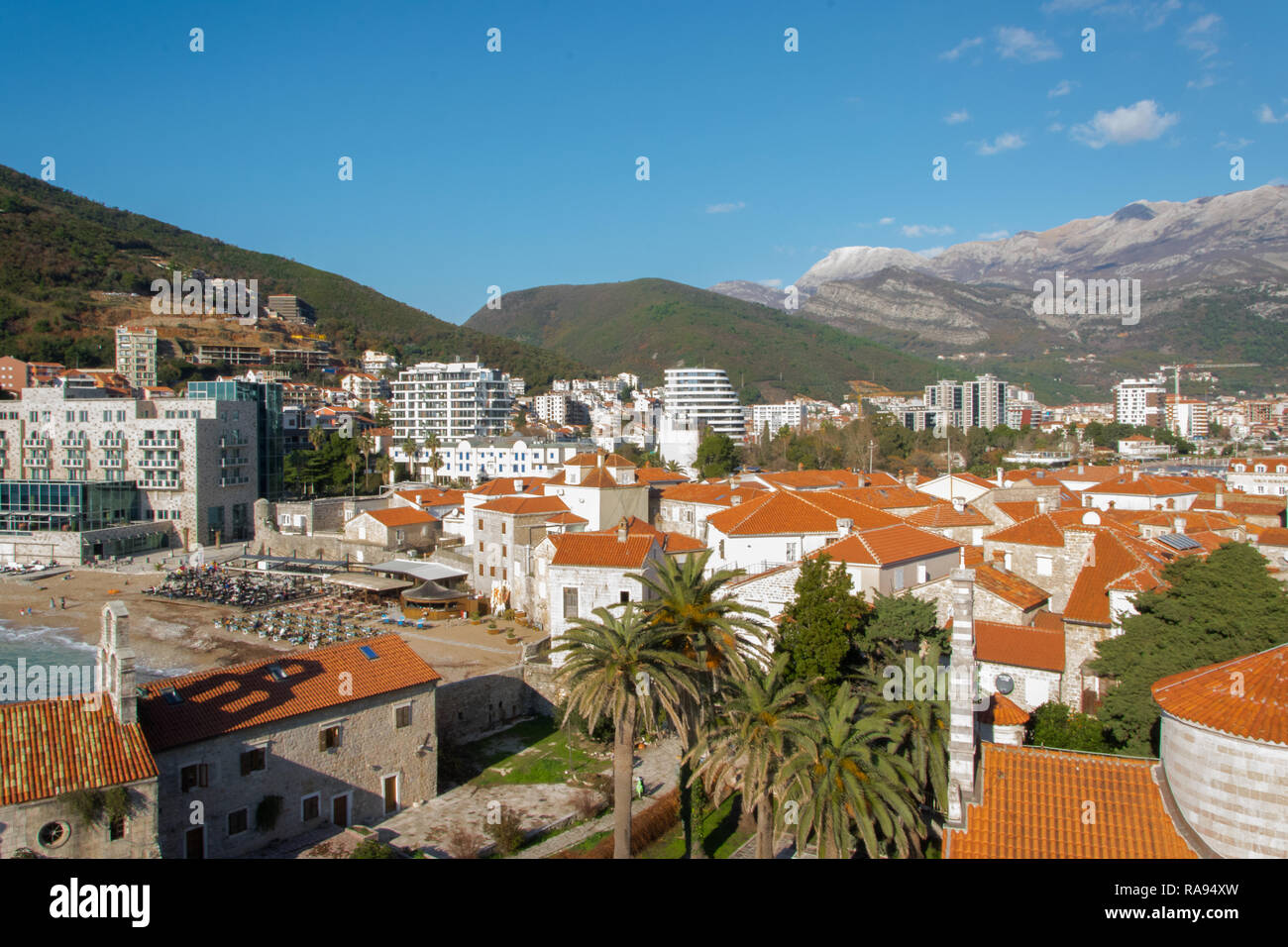 Landscape of of Mediterranean old town Budva, Montenegro. Ancient walls ...