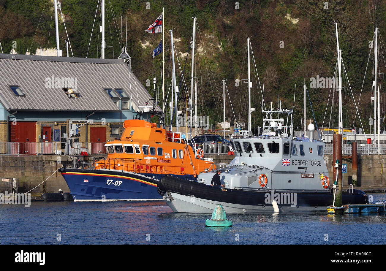 A view of the RNLI Dover Lifeboat (left) with a Border Force patrol ...