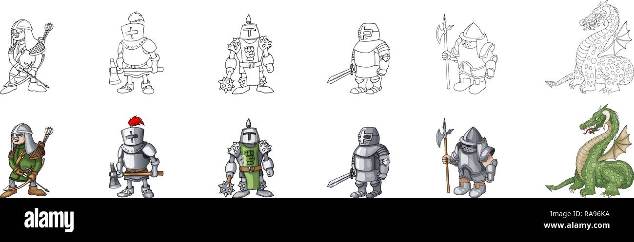 Set of medieval knight characters cartoon style vector illustration ...