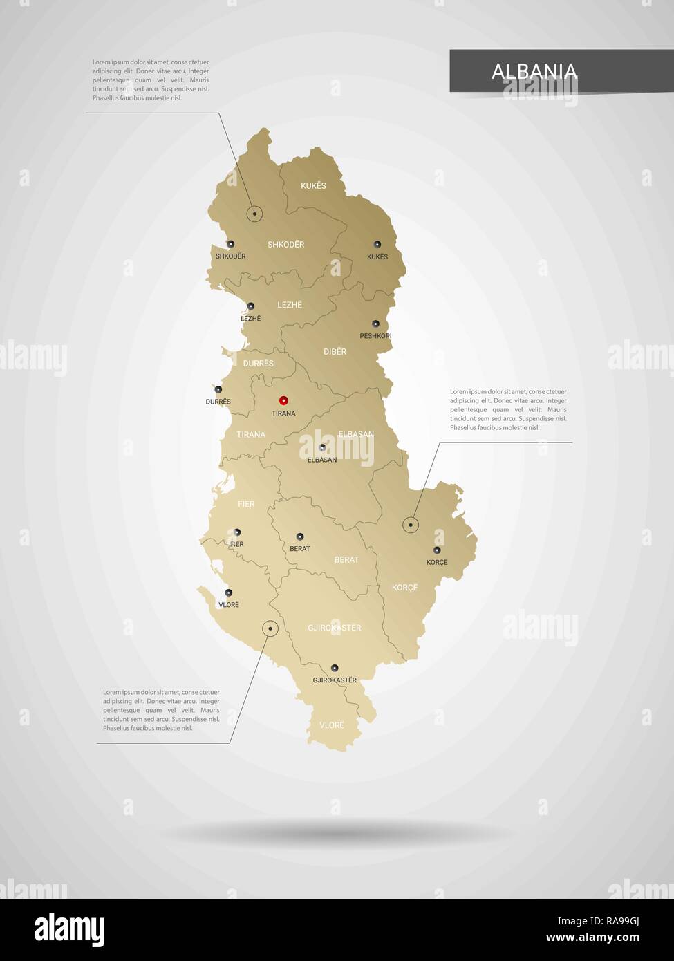 Stylized vector Albania map. Infographic 3d gold map illustration with ...