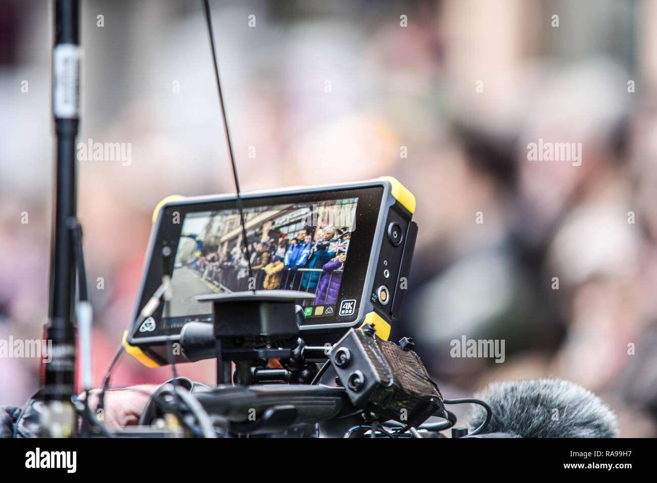 4K HDR tv camera screen monitor image of crowd at London's New Year's ...