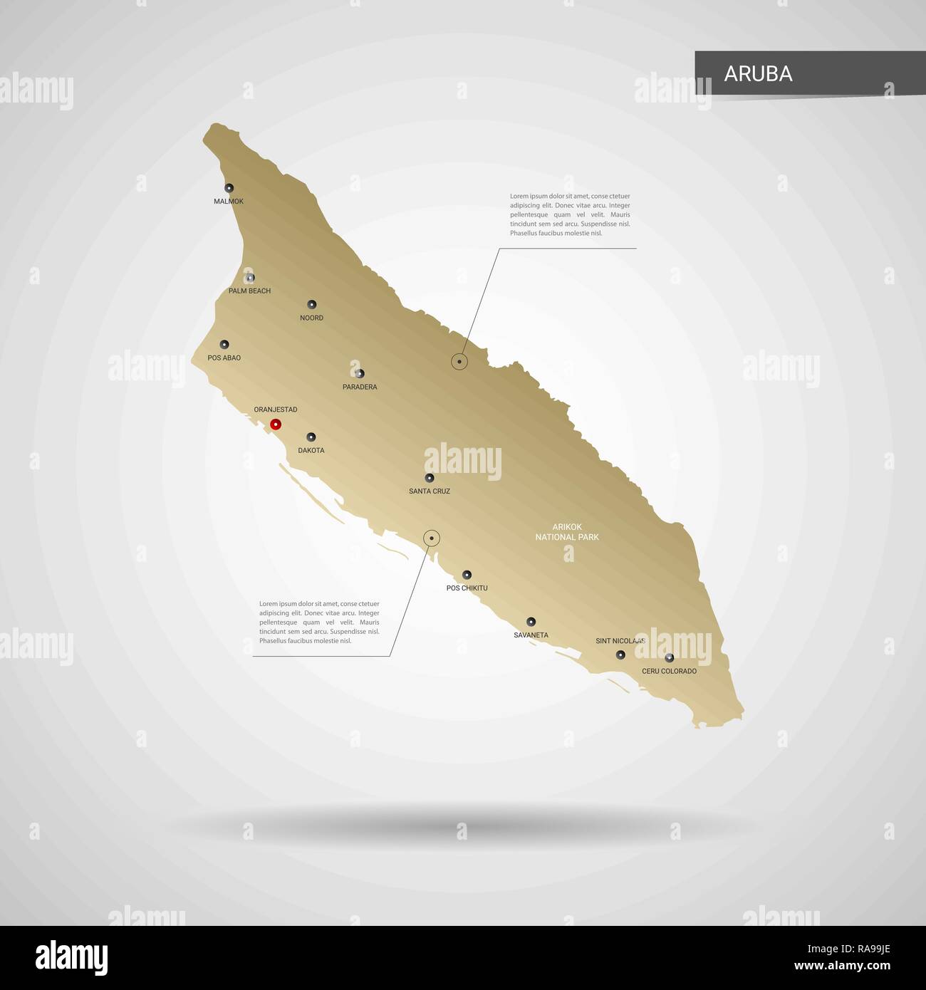 Stylized vector Aruba map. Infographic 3d gold map illustration with ...