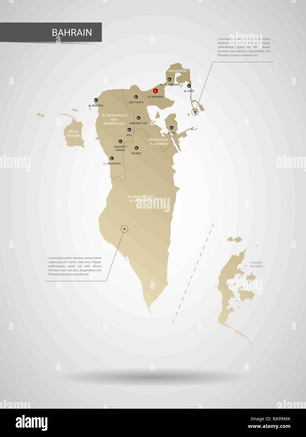 Stylized vector Bahrain map. Infographic 3d gold map illustration with ...