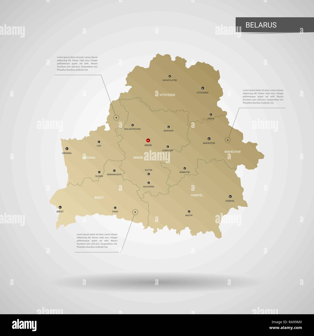 Stylized vector Belarus map. Infographic 3d gold map illustration with ...