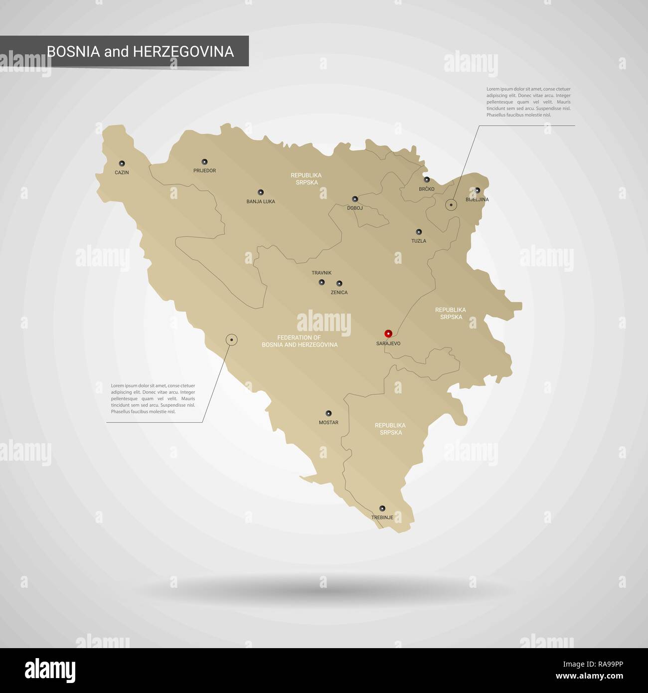 Stylized vector Bosnia and Herzegovina map. Infographic 3d gold map ...
