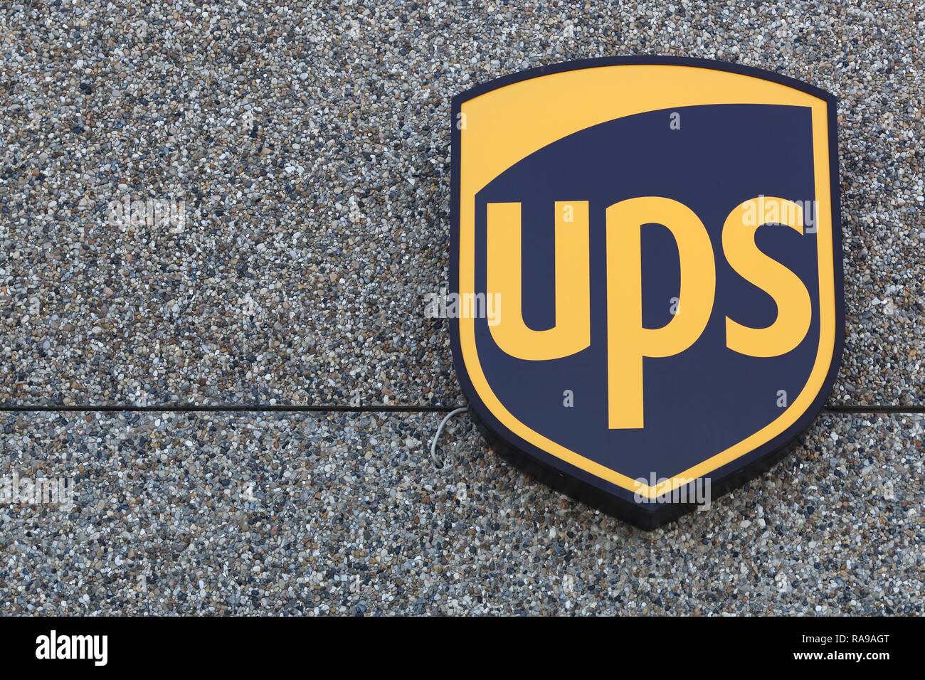 Aarhus, Denmark - August 22, 2015: UPS logo on a facade. United Parcel ...