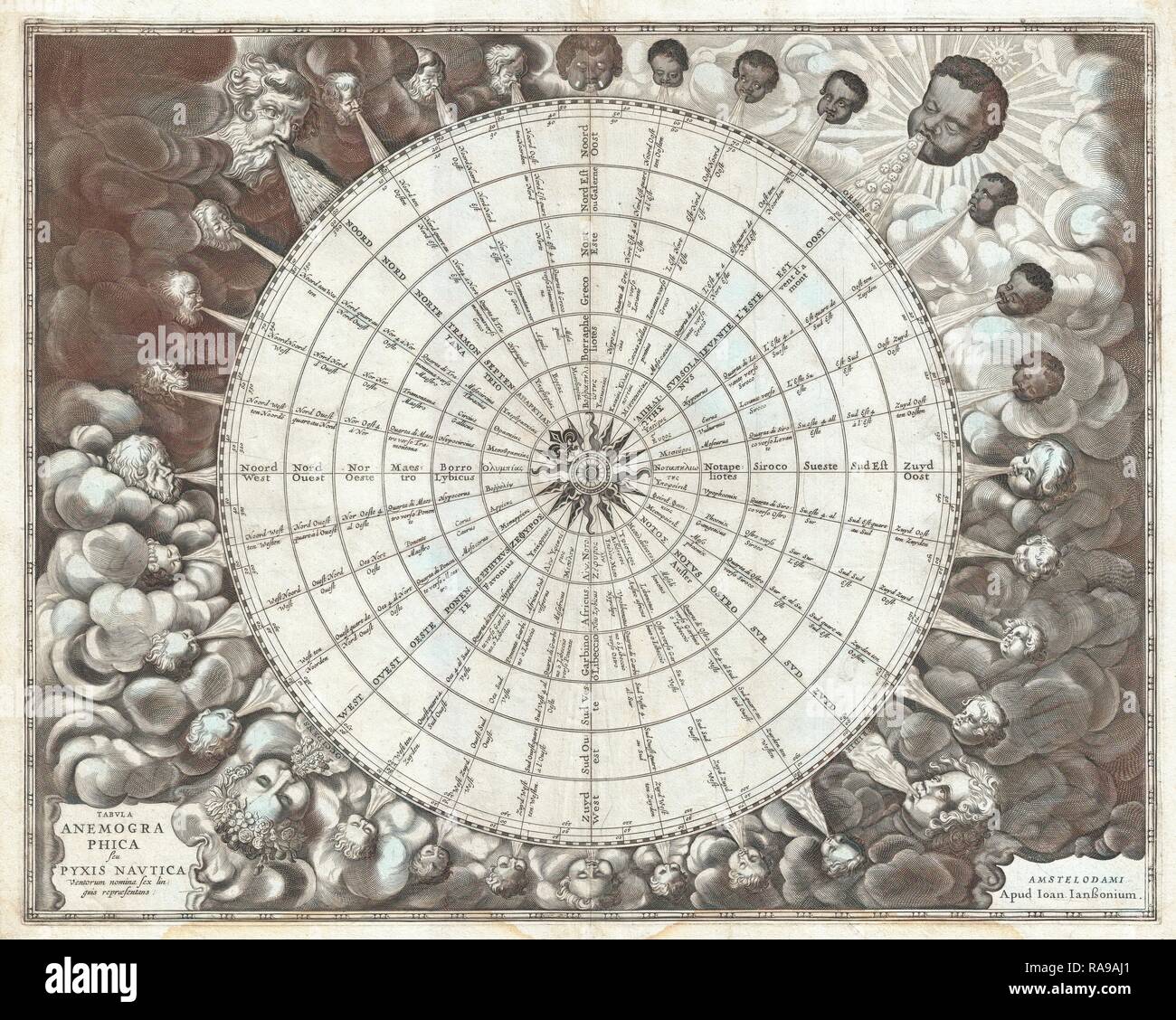 1650, Jansson Wind Rose, Anemographic Chart, or Map of the Winds ...
