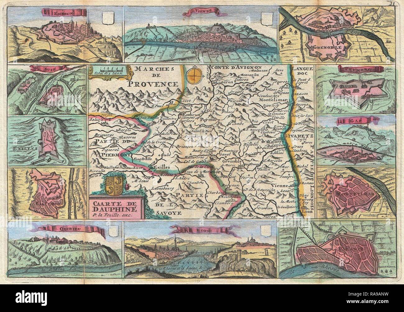1747, La Feuille Map of Dauphine and Hautes-Alpes, France. Reimagined ...
