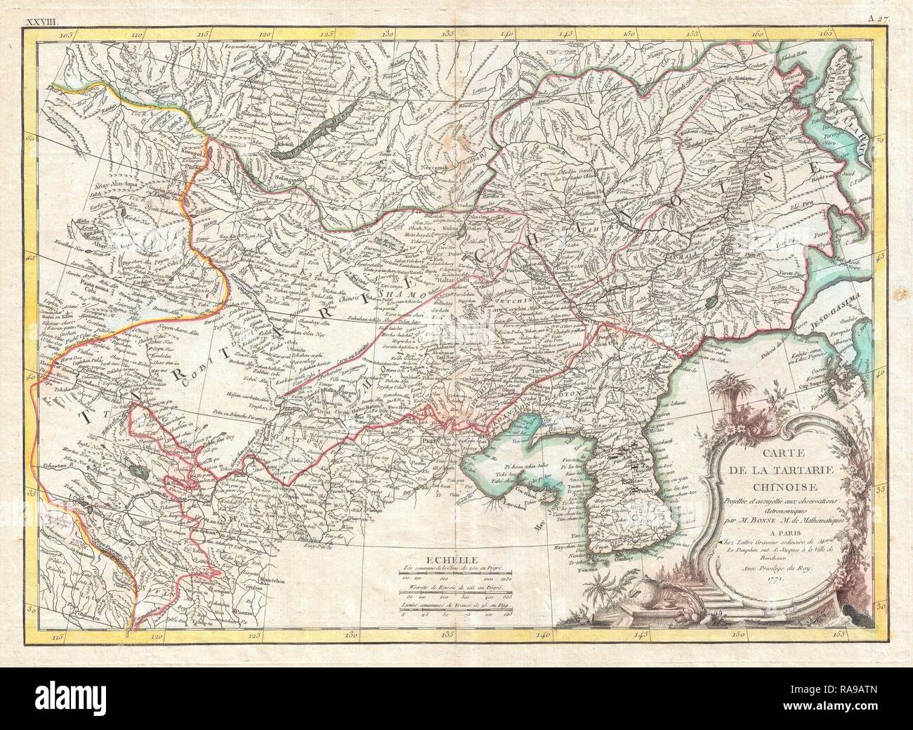 1770, Bonne Map of Chinese Tartary, Mongolia, Manchuria and Korea ...
