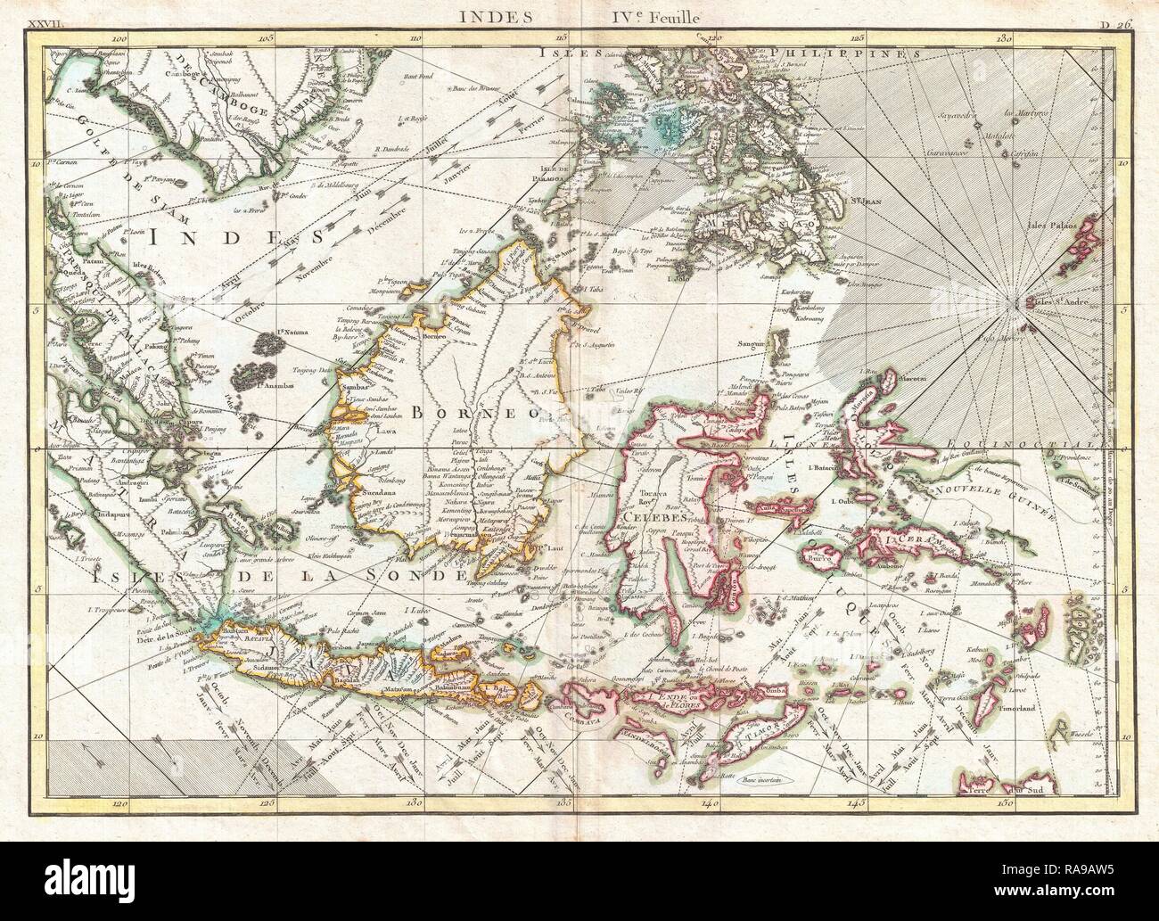 1770, Bonne Map of the East Indies, Java, Sumatra, Borneo, Singapore ...