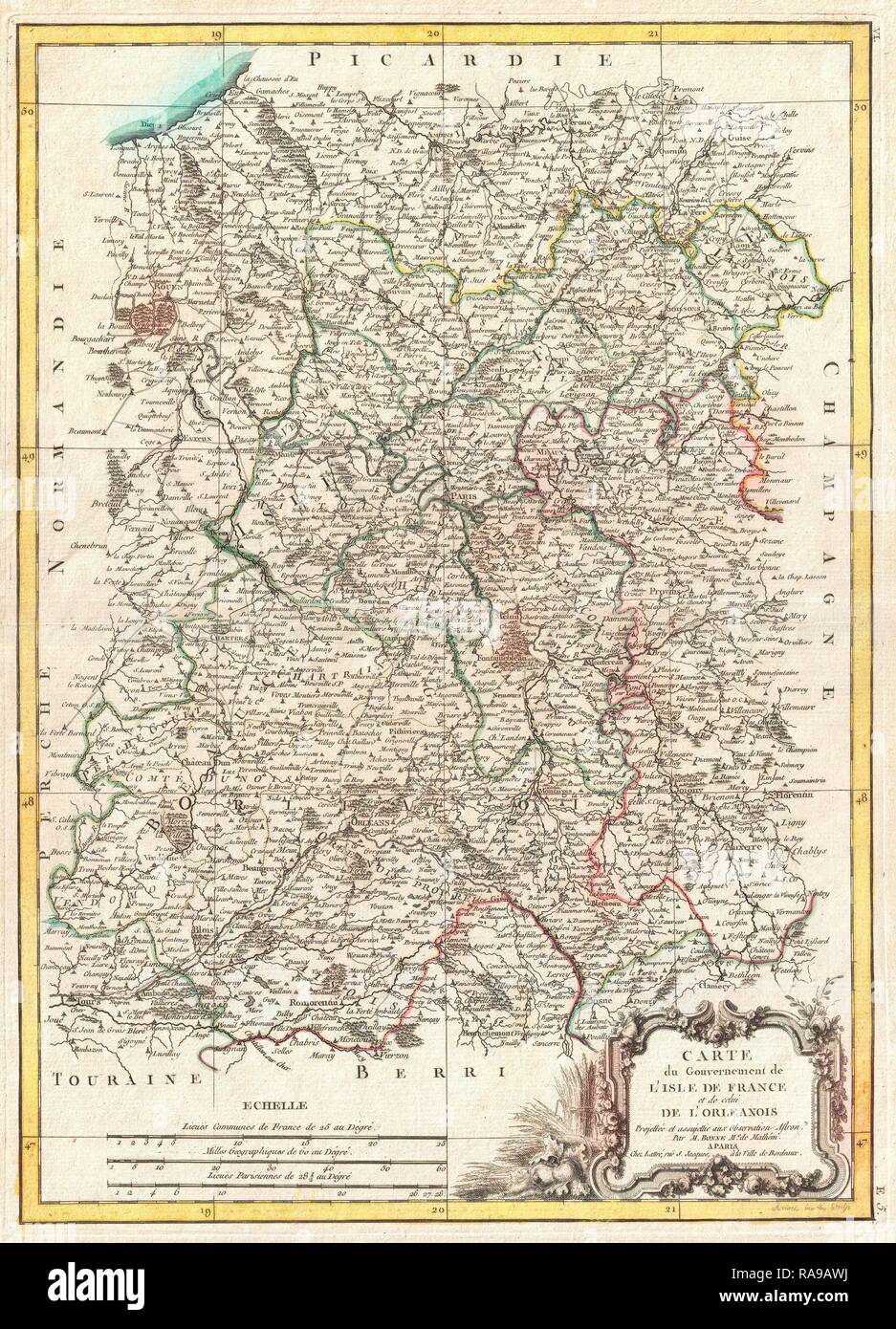 1771, Bonne Map of Isle de France, vicinity of Paris, France, Rigobert ...