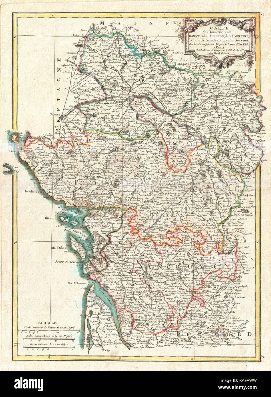 1771, Bonne Map of Poitou, Touraine and Anjou, France, Rigobert Bonne ...