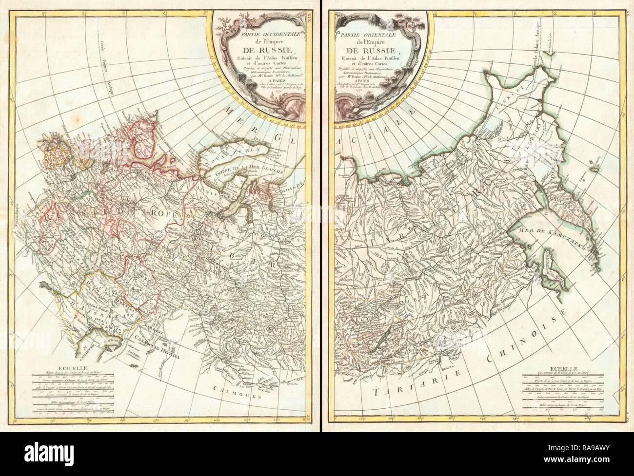 1771, Bonne Map of Russia, 2 maps, Rigobert Bonne 1727 – 1794, one of ...