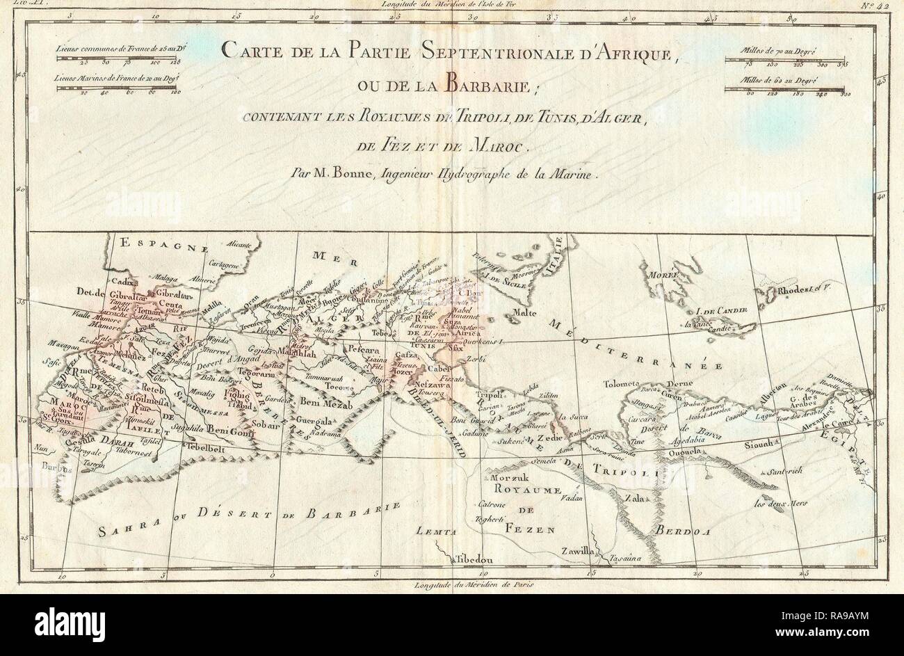1780, Bonne Map of North Africa and the Western Mediterranean, Barbary ...