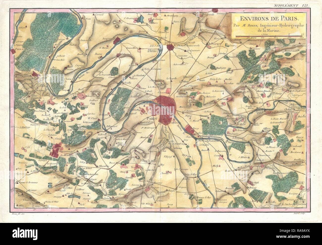 1780, Bonne Map of the Environs of Paris, France, Rigobert Bonne 1727 ...