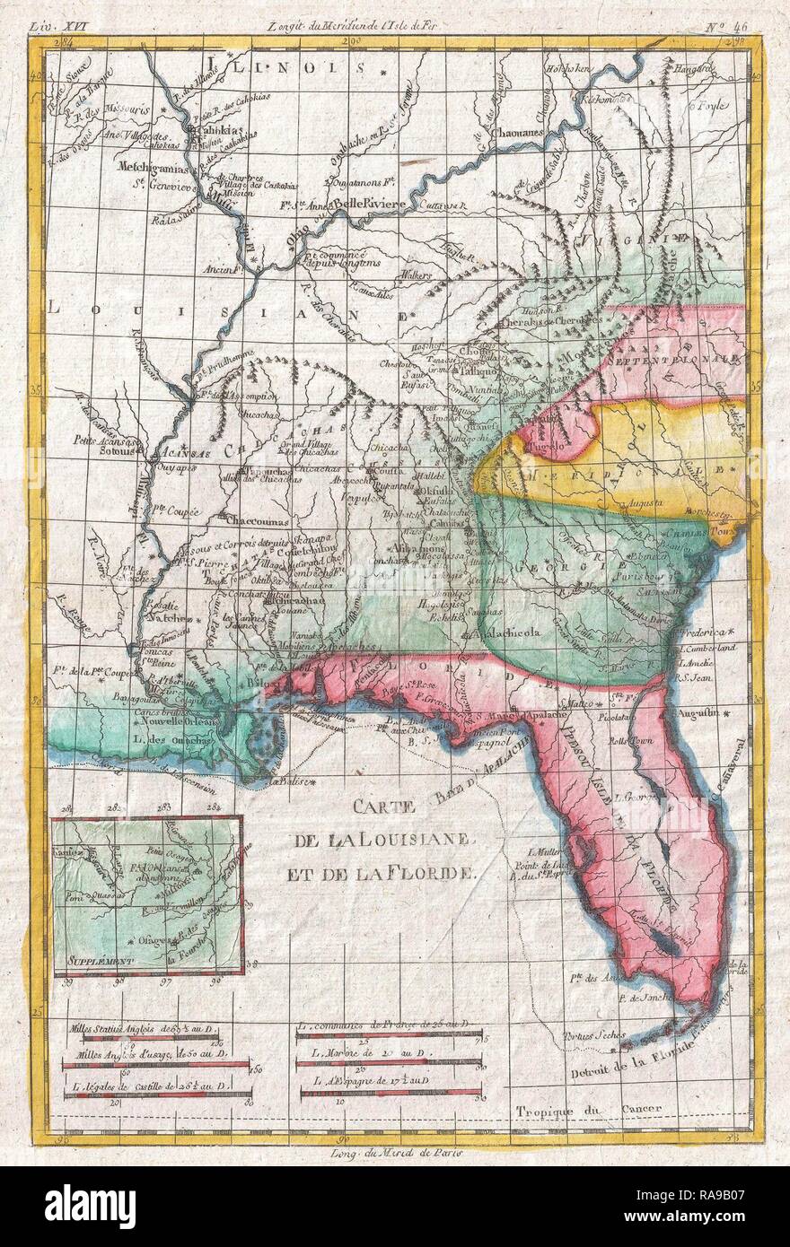 1780, Raynal and Bonne Map of Louisiana, Florida and Carolina, Rigobert ...