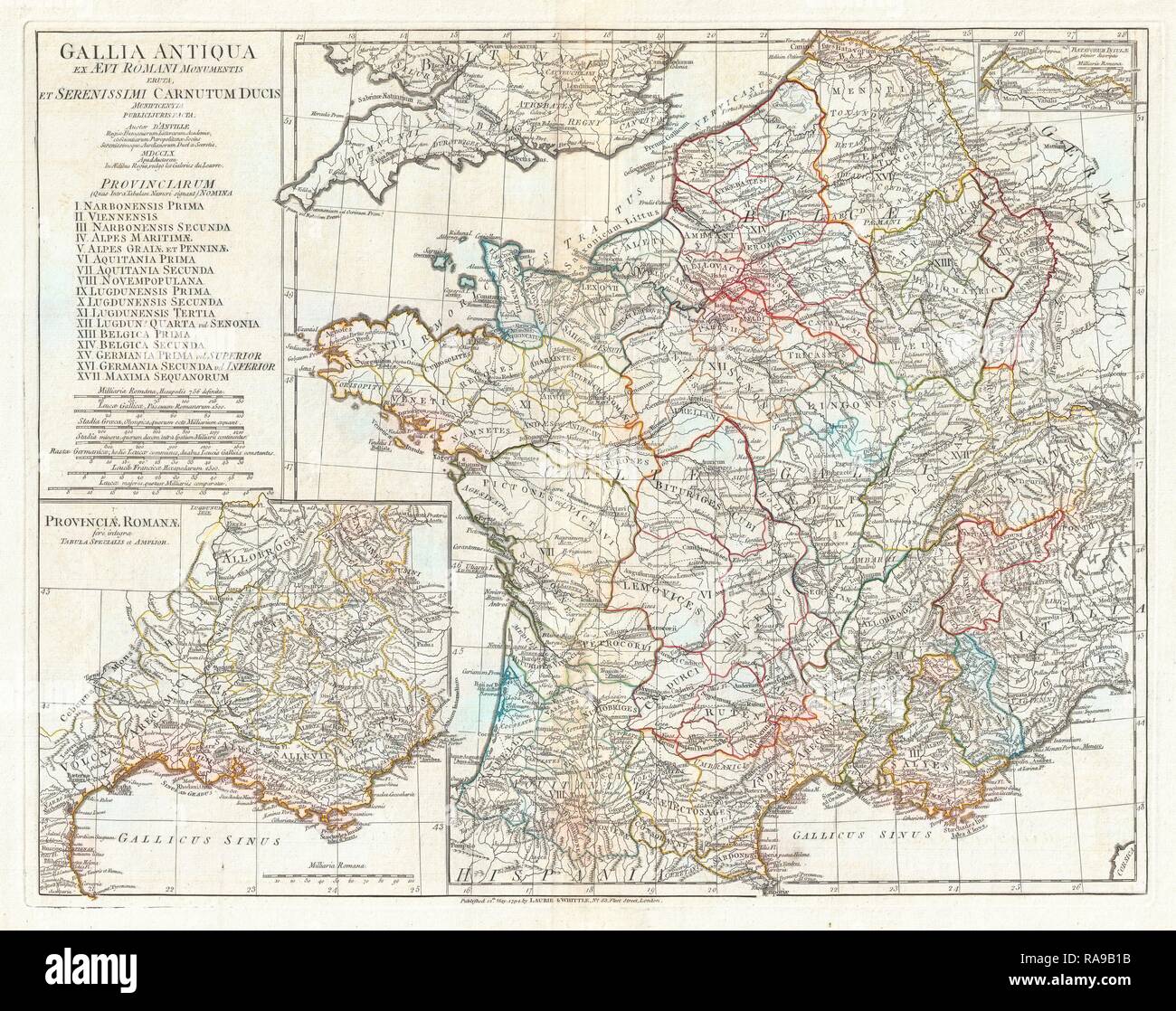 1794, Anville Map of Gaul, Gallia or France in ancient Roman Times ...