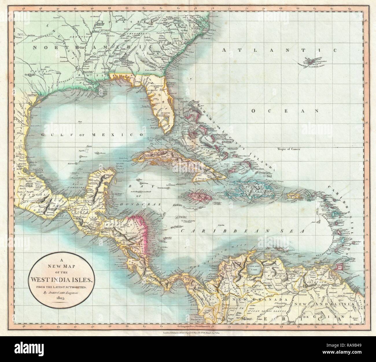1803, Cary Map of Florida, Central America, the Bahamas, and the West ...